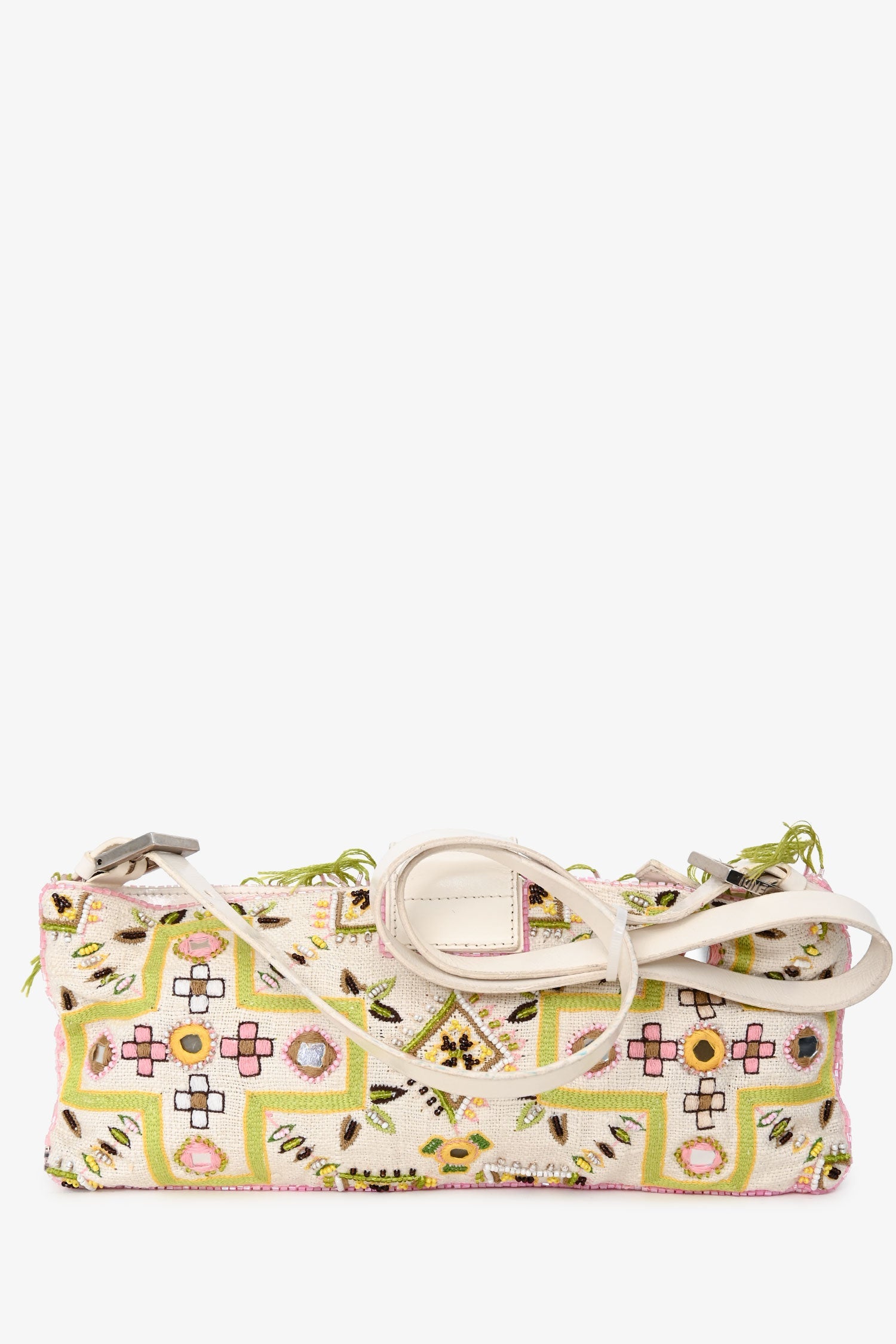 Fendi Limited Edition White/Green Fringe Beaded Embroidery Baguette Po ...