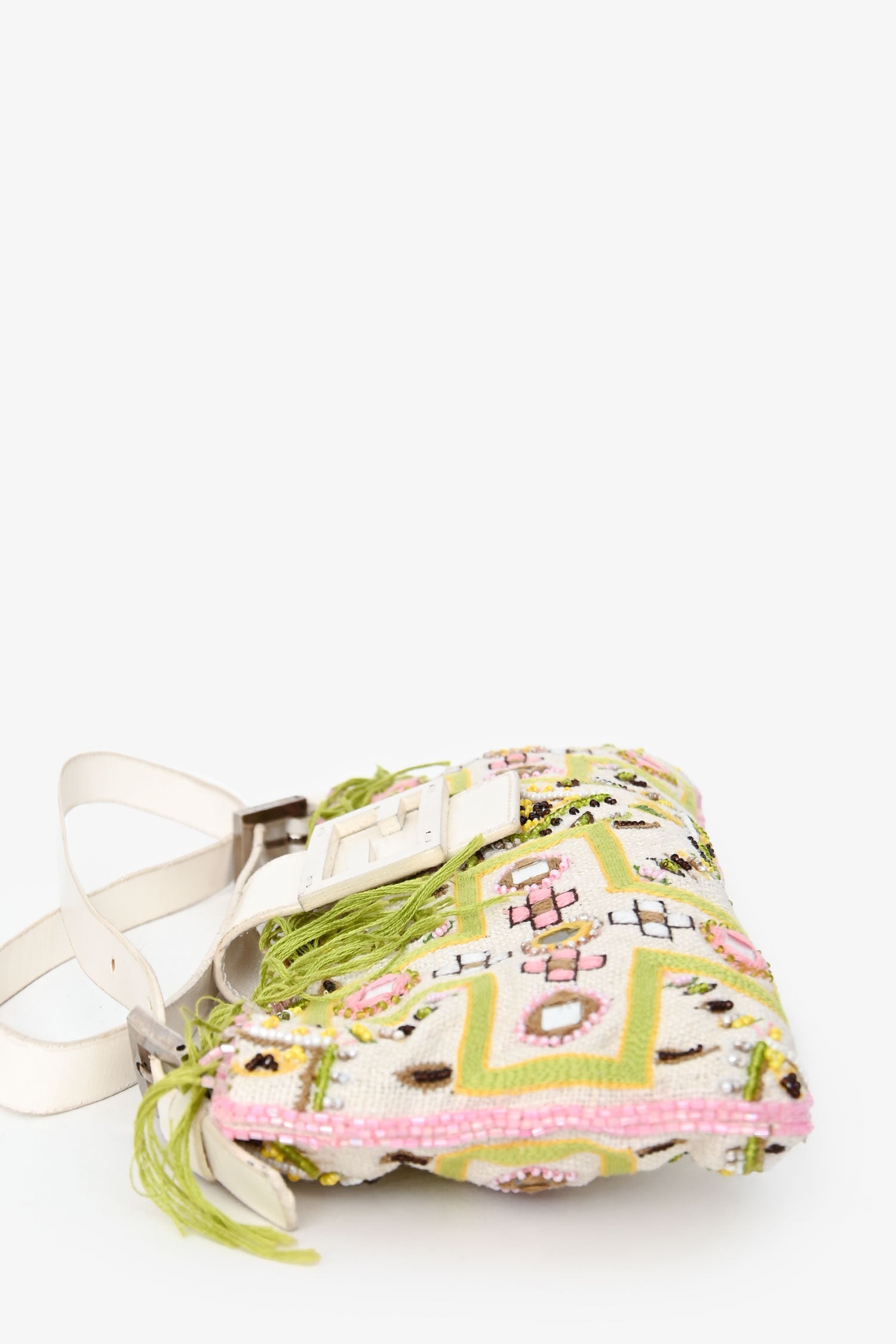 Fendi Limited Edition White/Green Fringe Beaded Embroidery Baguette Po ...