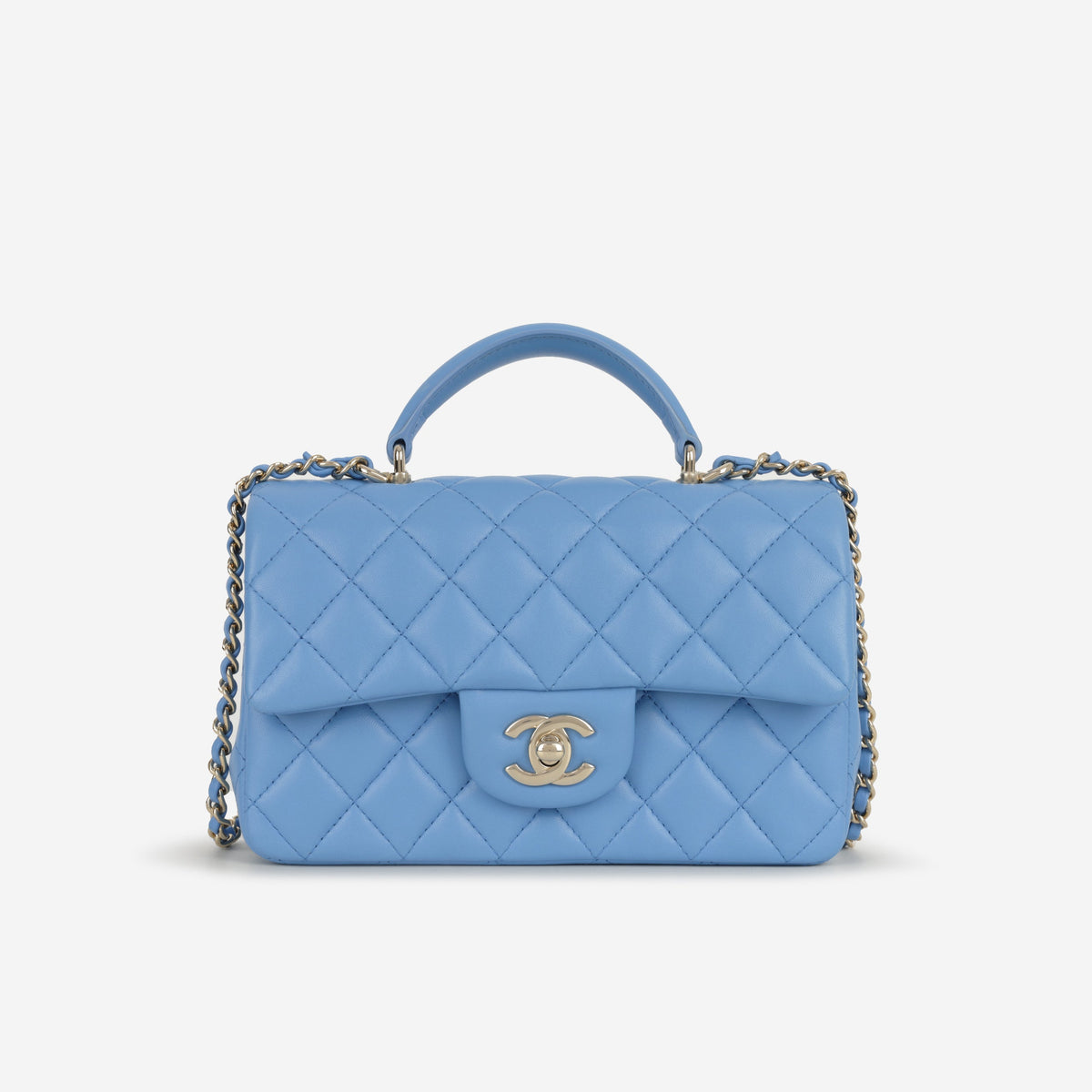 Chanel Mini Top Handle Flap - Blue Lambskin | Champagne Gold Hardware ...